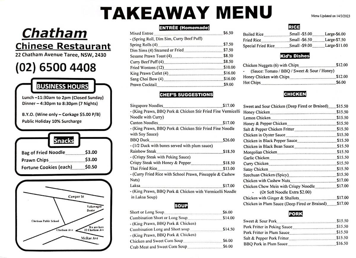 Menu at Chatham Chinese Restaurant, Taree