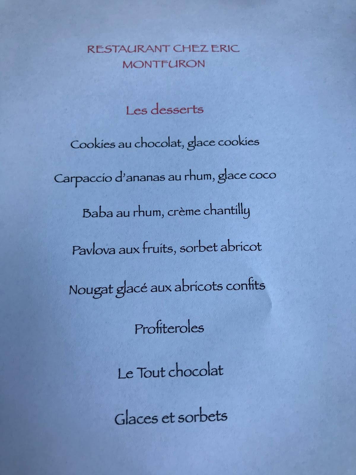 Menu au Chez Eric restaurant, Montfuron