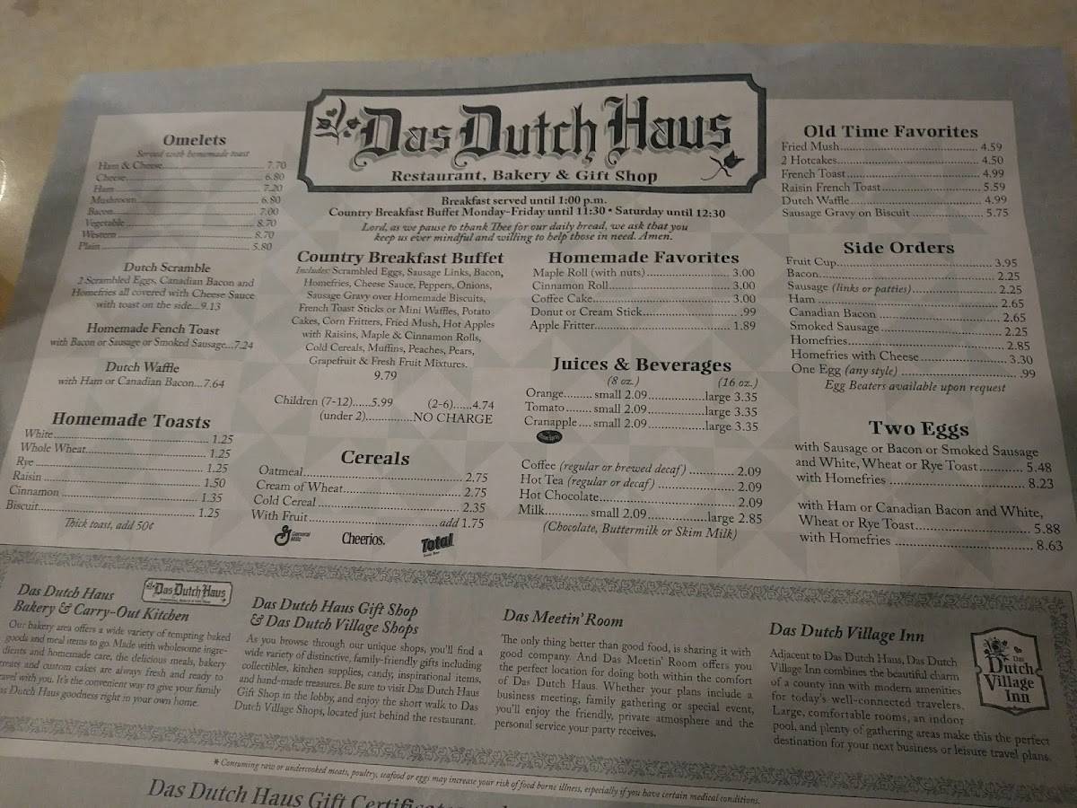 Menu at Das Dutch Haus Restaurant, Columbiana