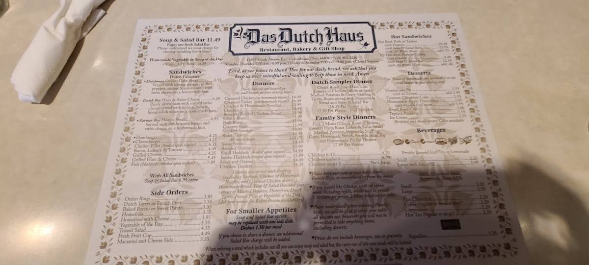 Menu at Das Dutch Haus Restaurant, Columbiana