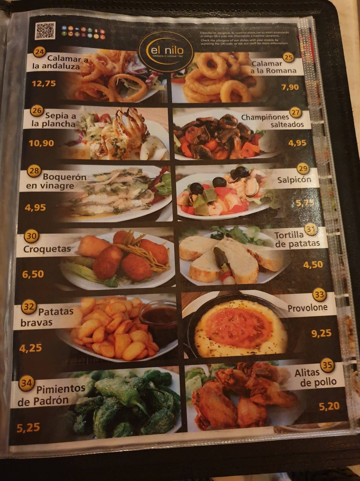 Carta de El Nilo Cafe, El Arenal
