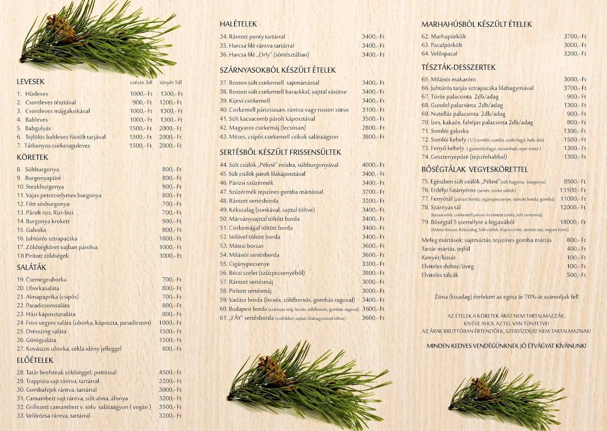 Menu at Fenyő Vendéglő restaurant, Budaörs