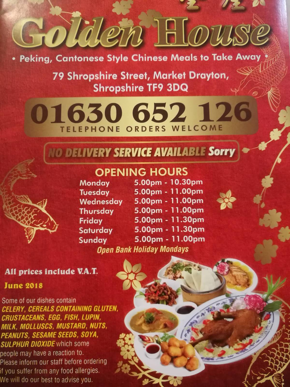Menu at Golden House restaurant, Market Drayton