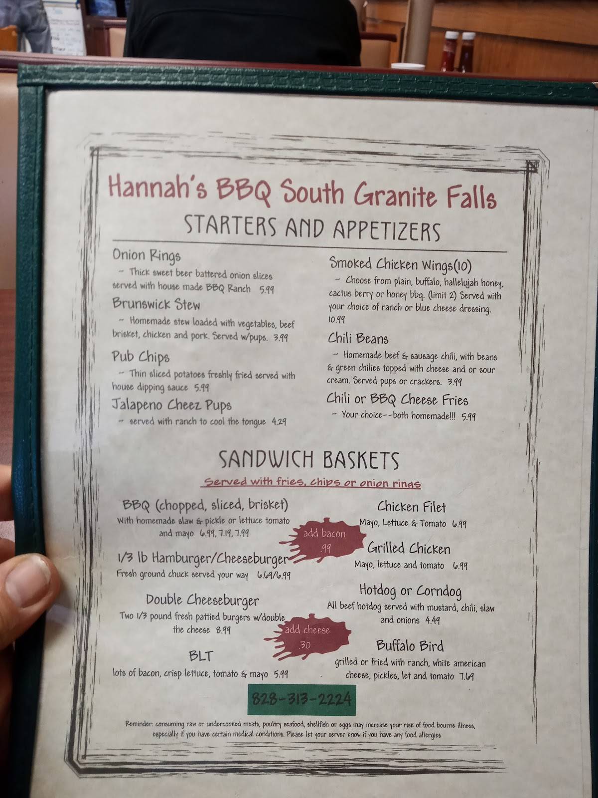 Menu at Hannah's BBQ South, Granite Falls, 31 Pinewood Rd