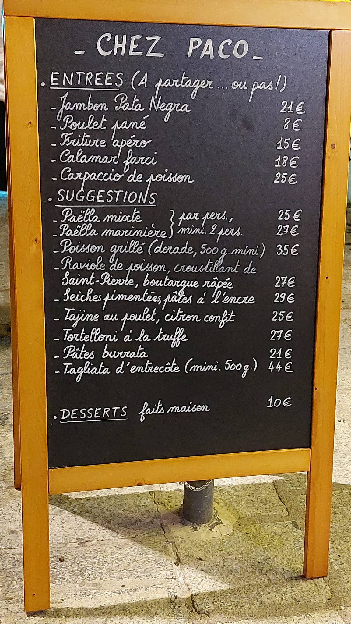 Menu au Restaurant Chez Paco, L'Île-Rousse, 18 Rue Napoléon