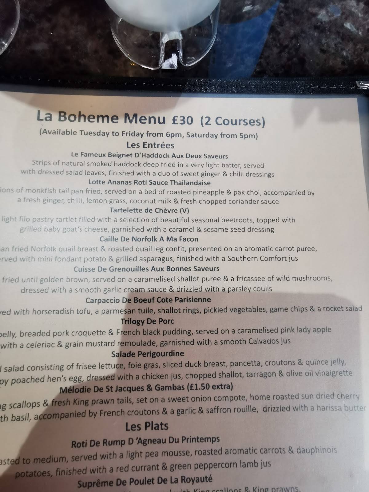 Menu at La Boheme restaurant, Lymm