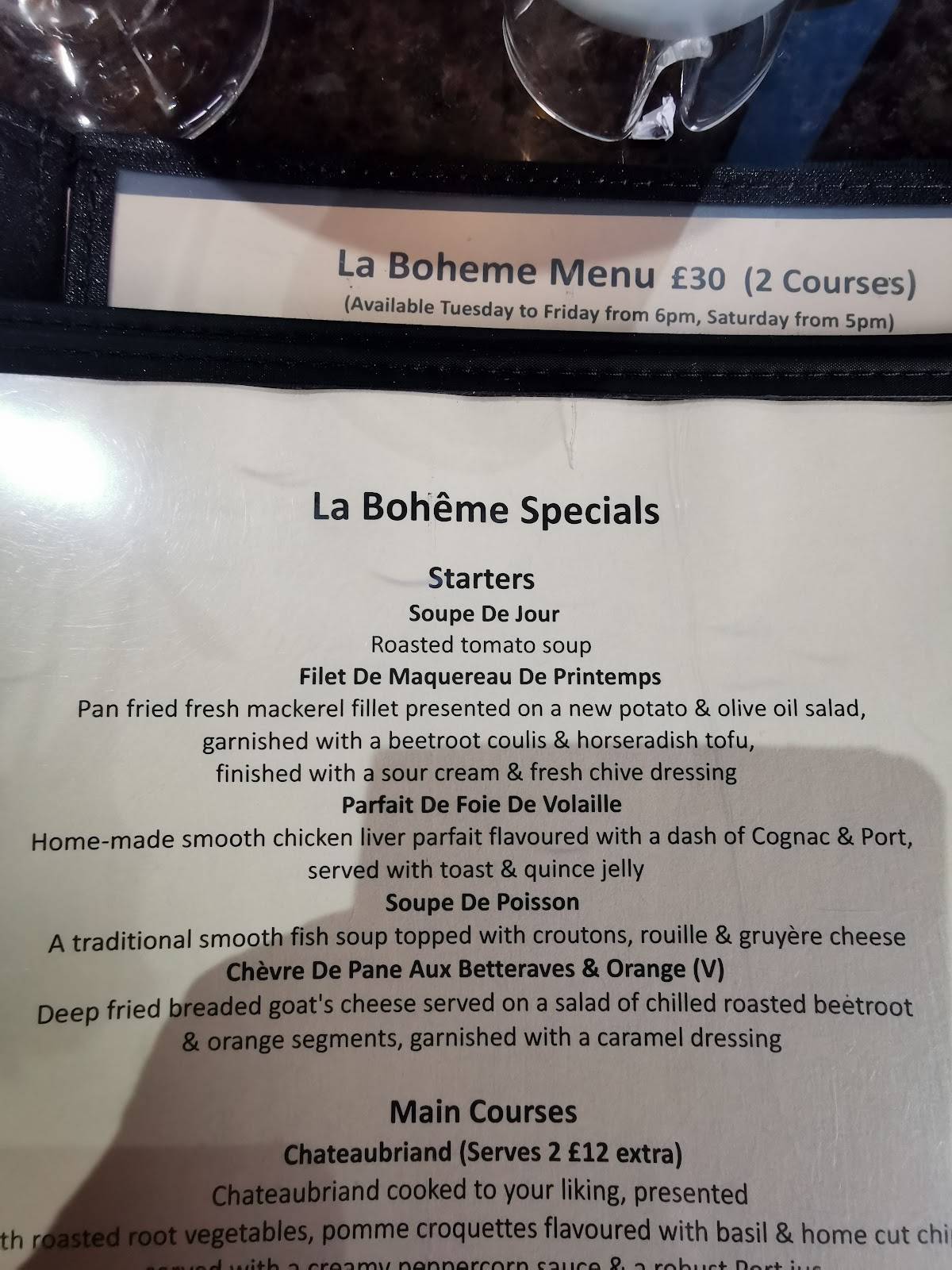 Menu at La Boheme restaurant, Lymm