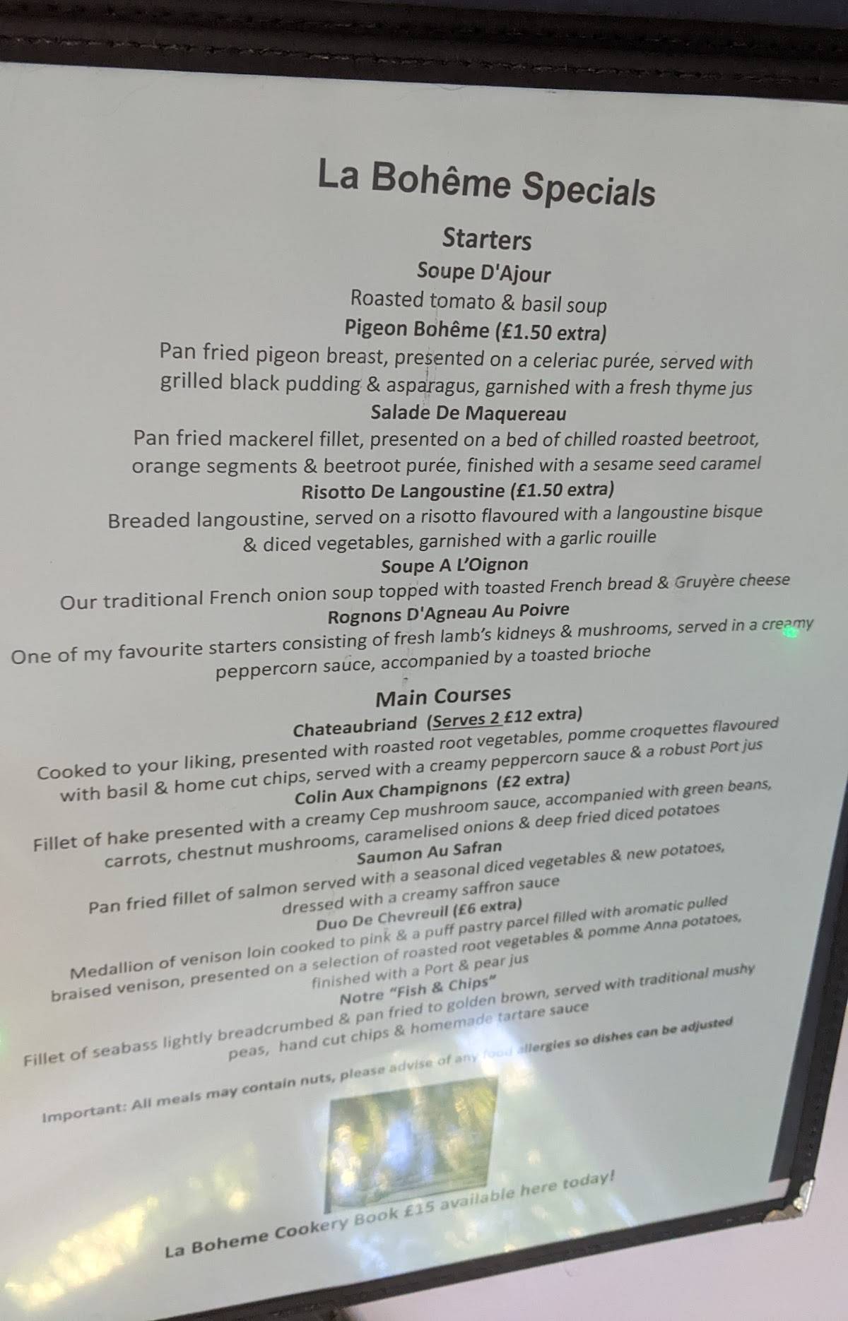 Menu at La Boheme restaurant, Lymm