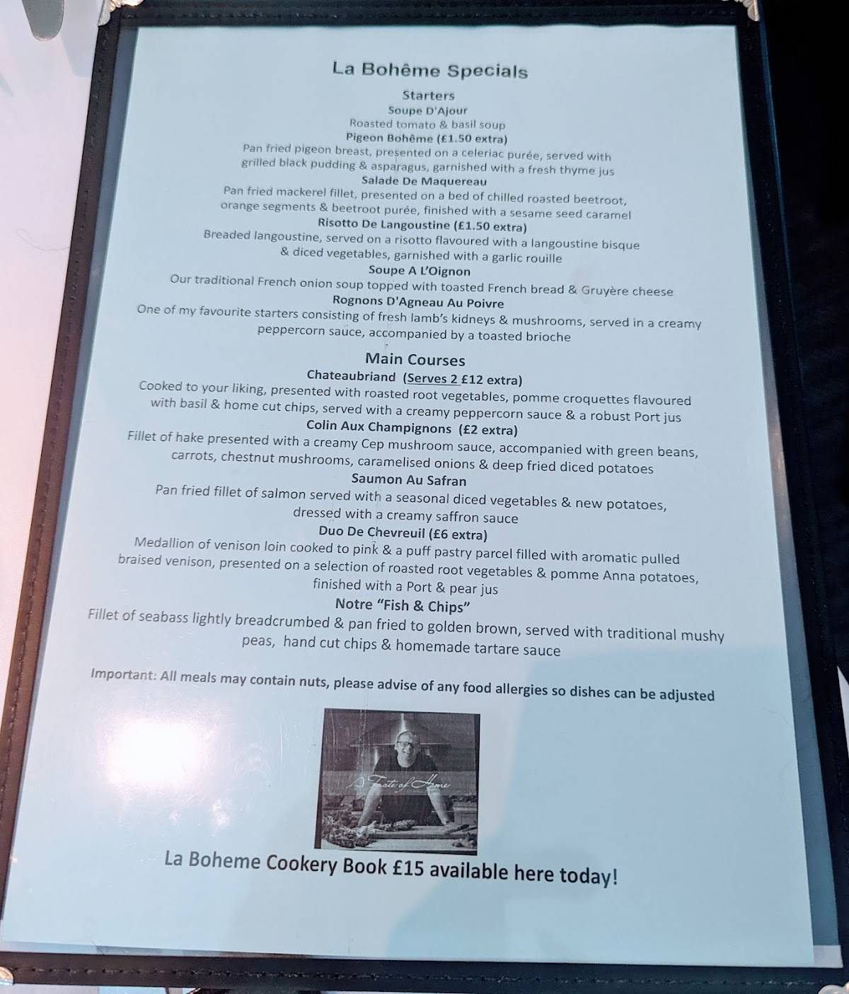 Menu at La Boheme restaurant, Lymm