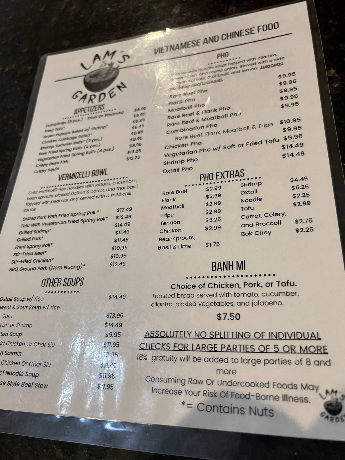 Menu at Lam's Garden restaurant, Hilo