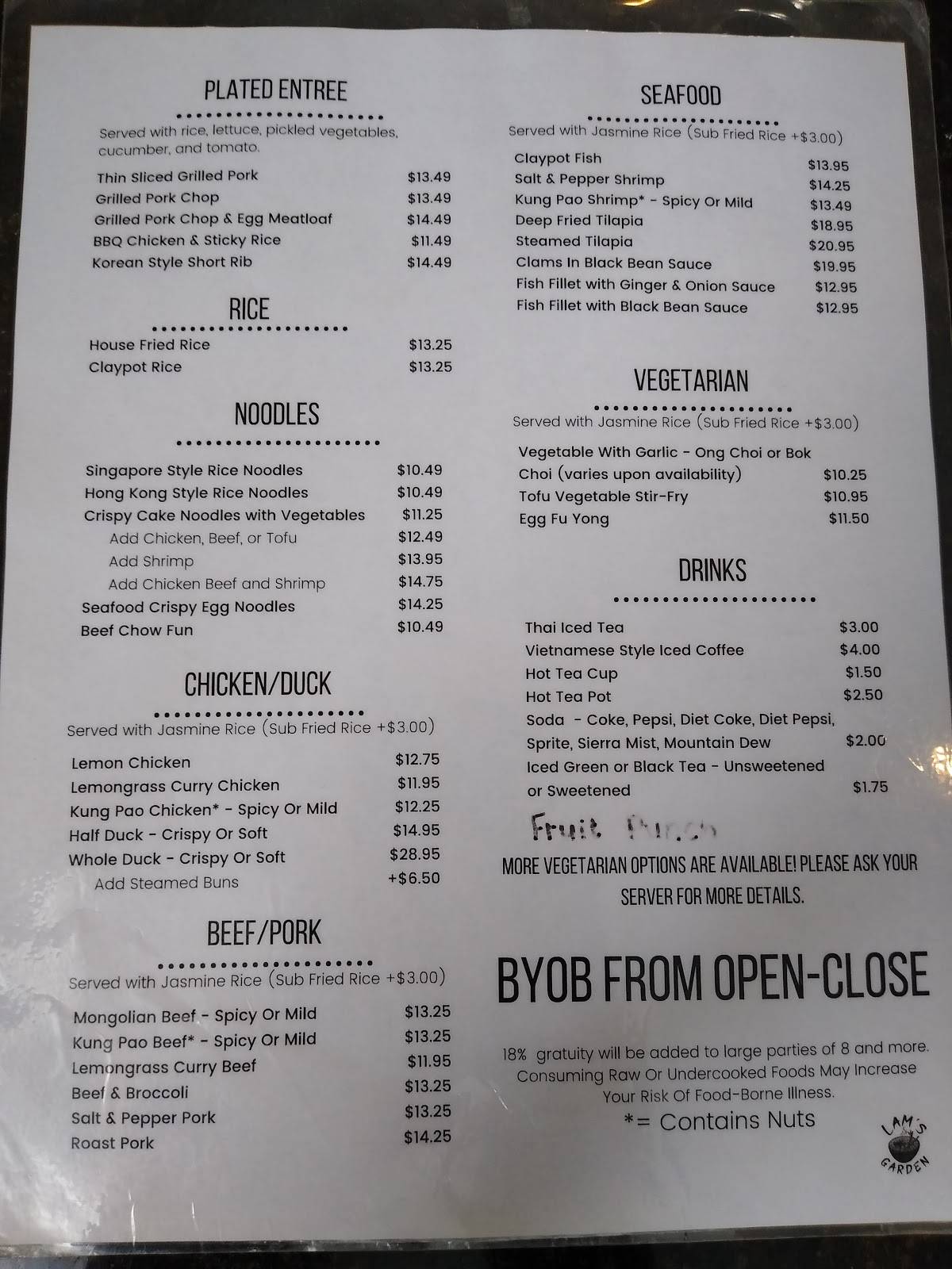 Menu at Lam's Garden restaurant, Hilo