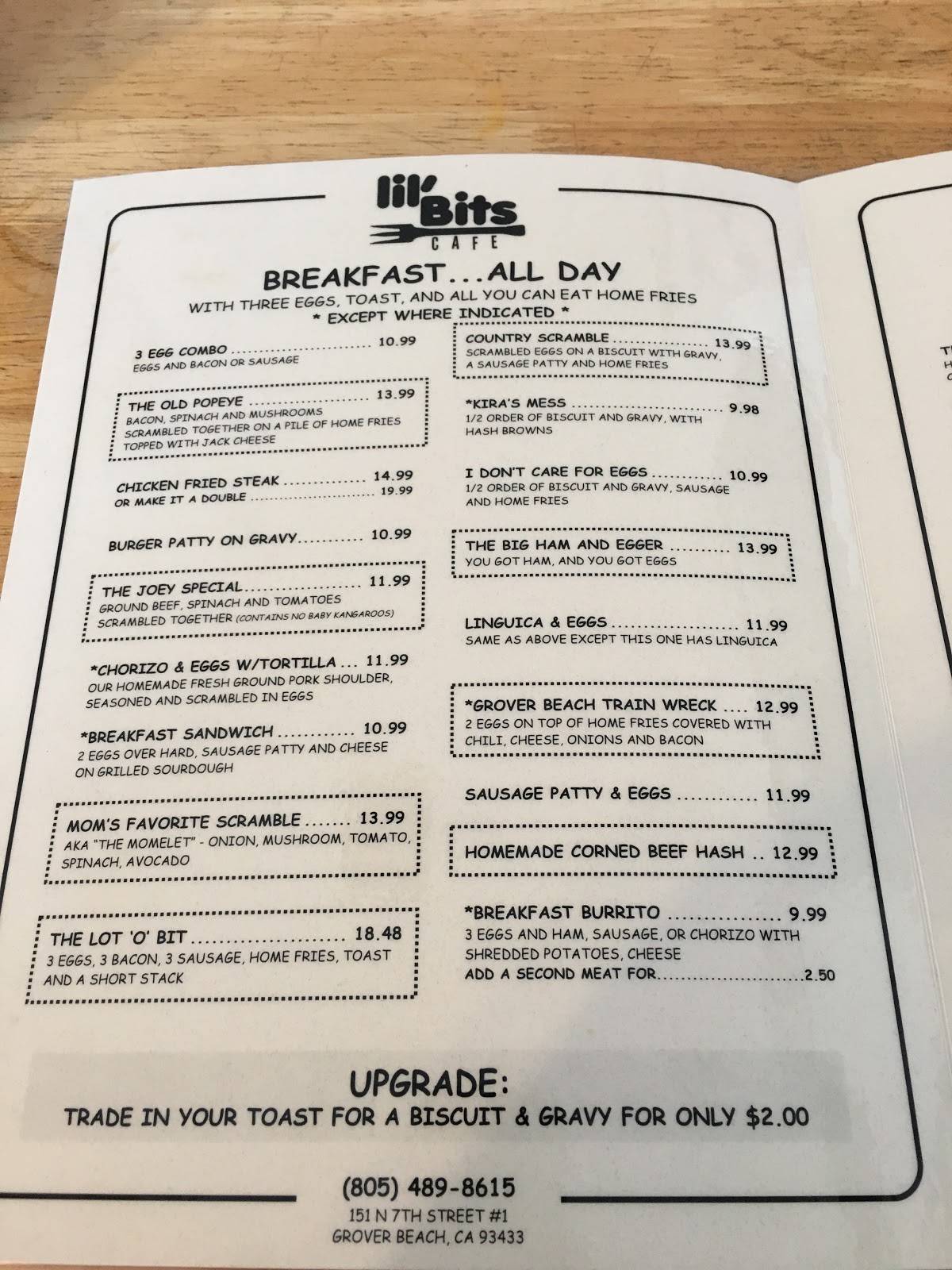Menu at Lil' Bits Café restaurant, Grover Beach