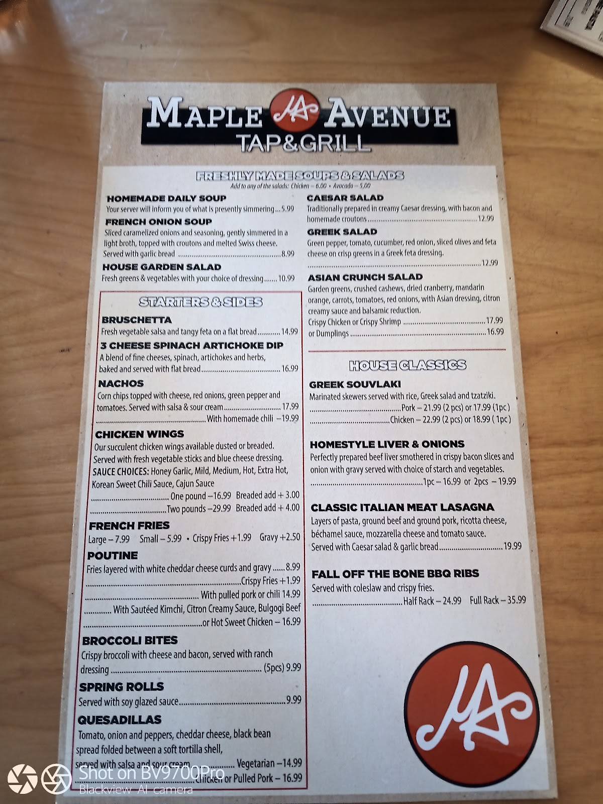 Menu at Maple Avenue Tap & Grill pub & bar, Haliburton