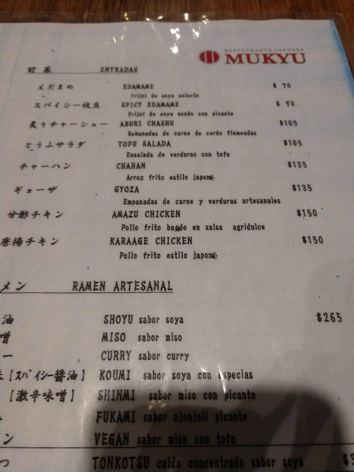 Carta del restaurante Mukyu ramen, Ciudad del México