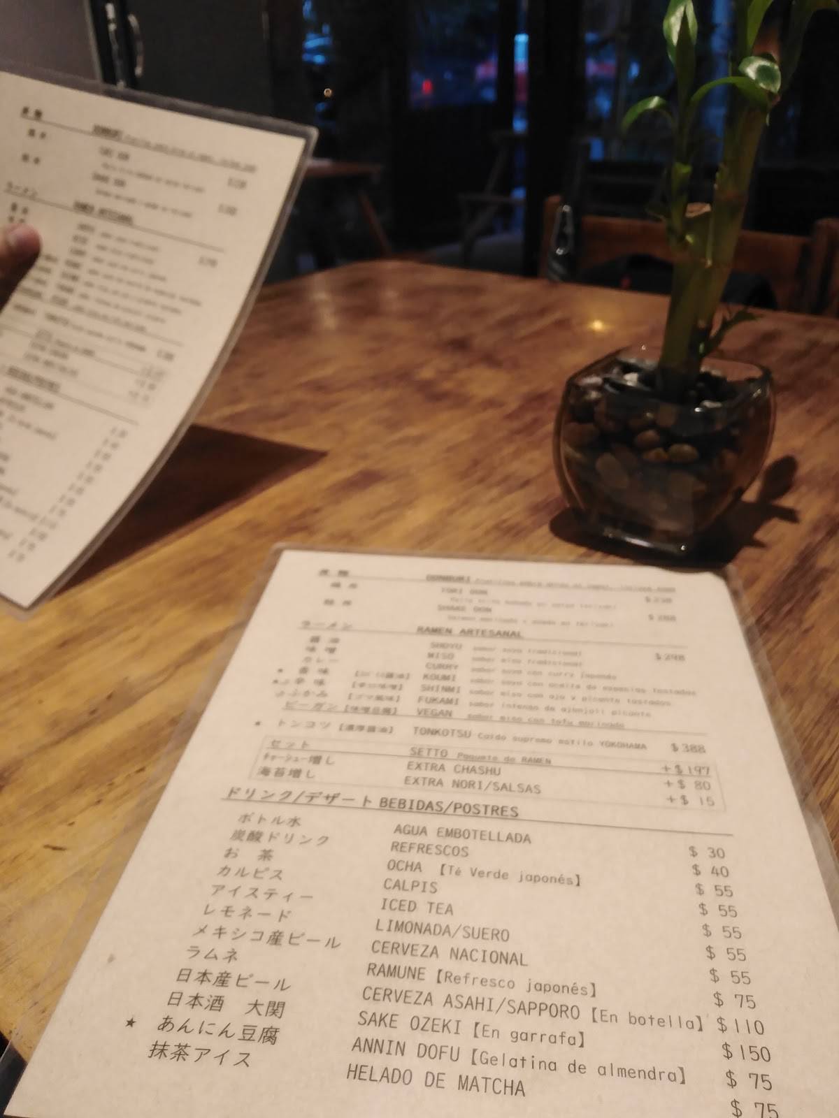 Carta del restaurante Mukyu ramen, Ciudad del México