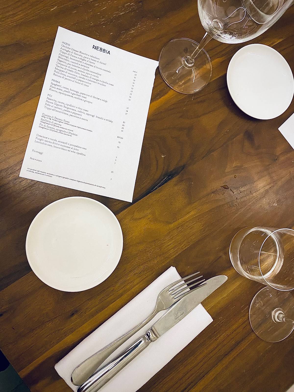 Menu at Nebbia restaurant, Milan