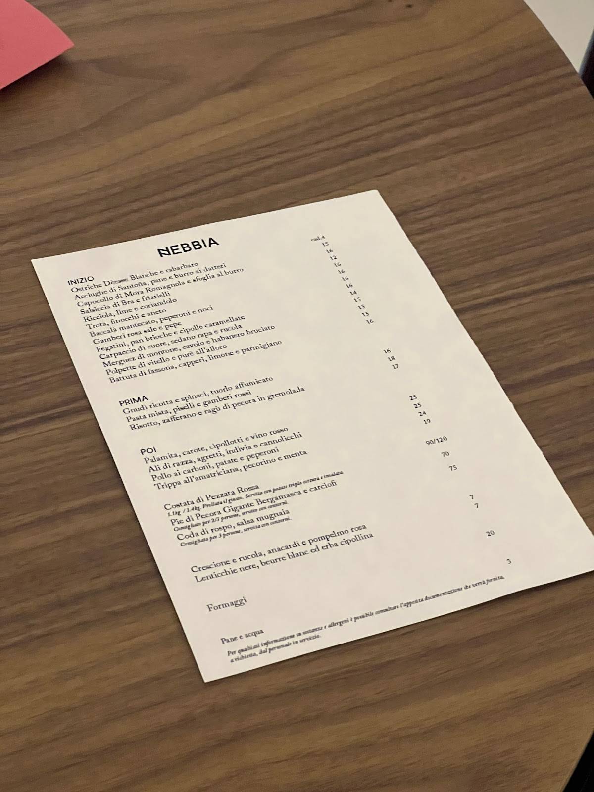 Menu at Nebbia restaurant, Milan