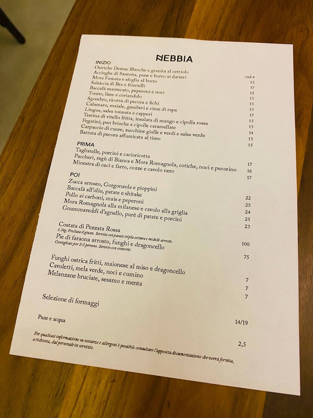 Menu at Nebbia restaurant, Milan
