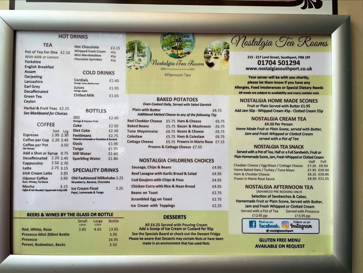 Menu at Nostalgia Tea Rooms cafe, Southport