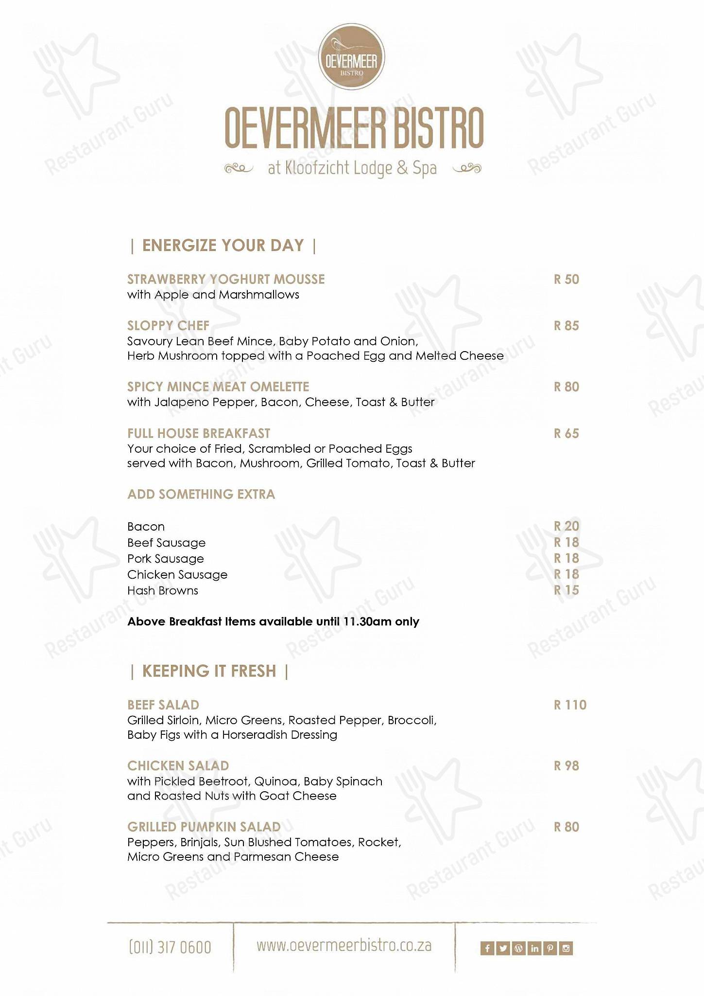 Menu at Oevermeer Bistro, South Africa, Kloofzicht Lodge & Spa