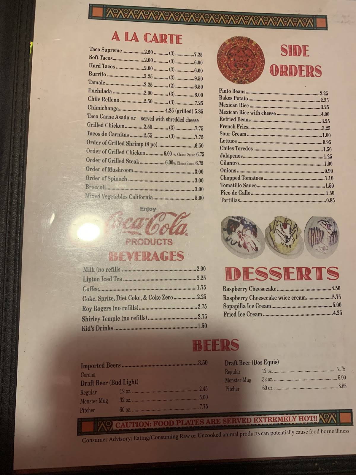 Menu at El Rey Azteca restaurant, Oneida, Alberta St