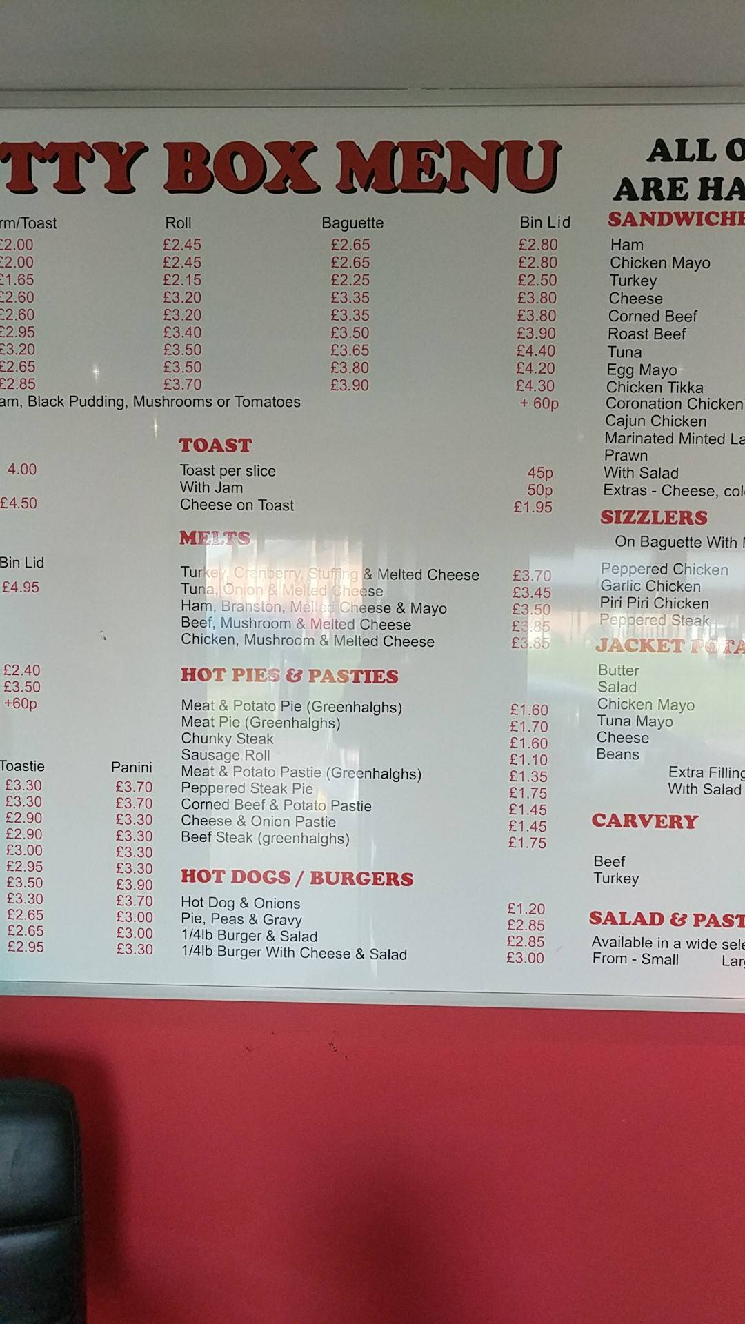 Menu at Pem Butty Box cafe, Wigan