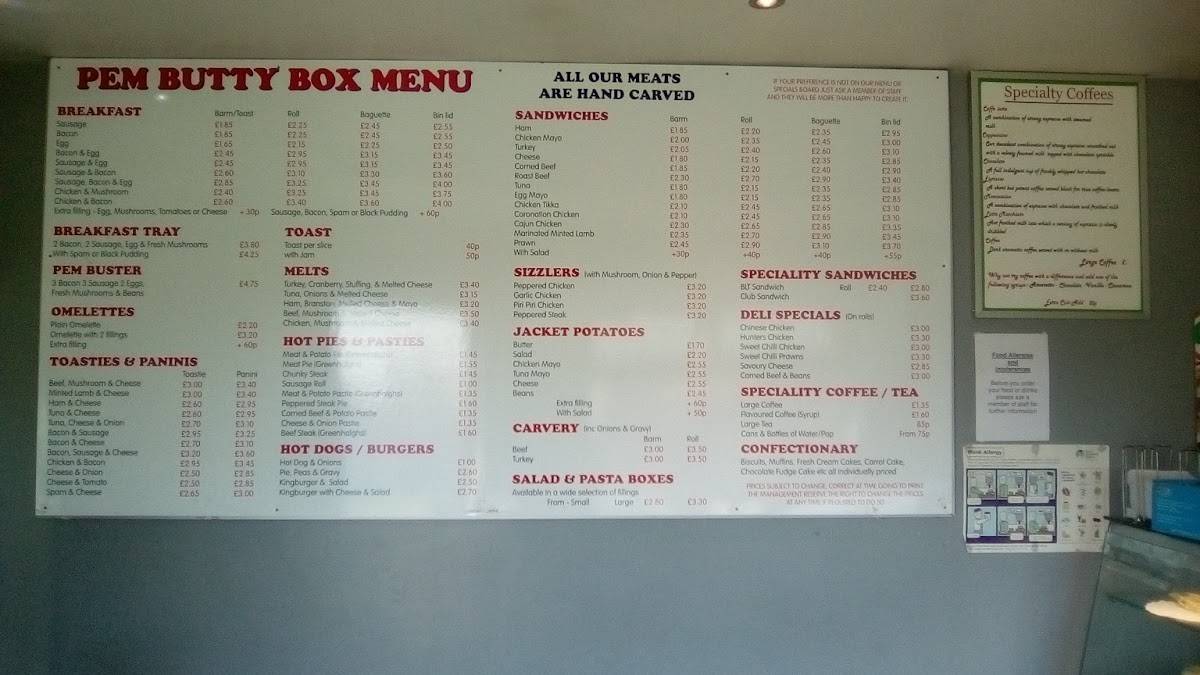 Menu at Pem Butty Box cafe, Wigan