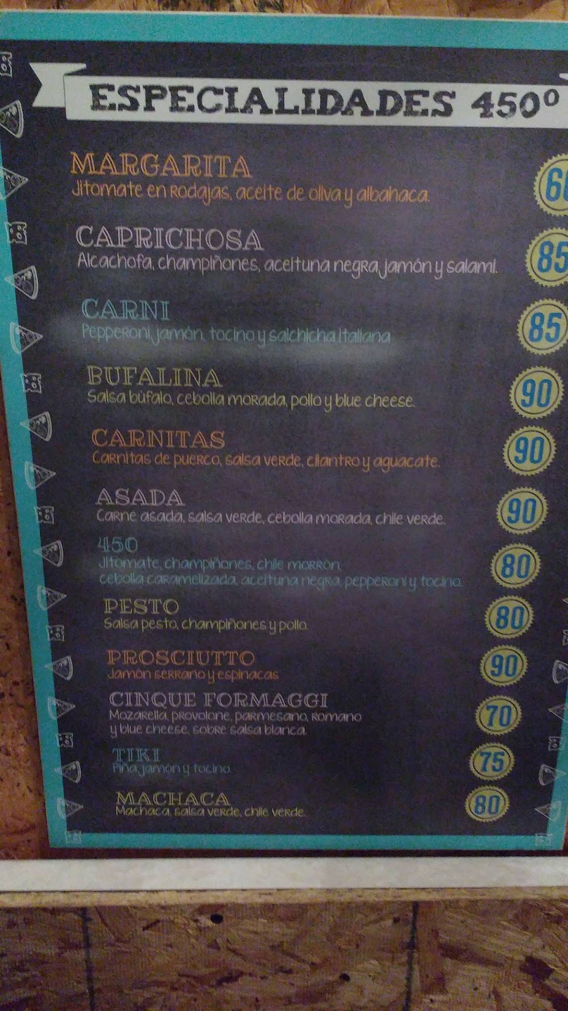 Carta de pizzería 450°Grados Pizza a la Leña, Heroica Nogales