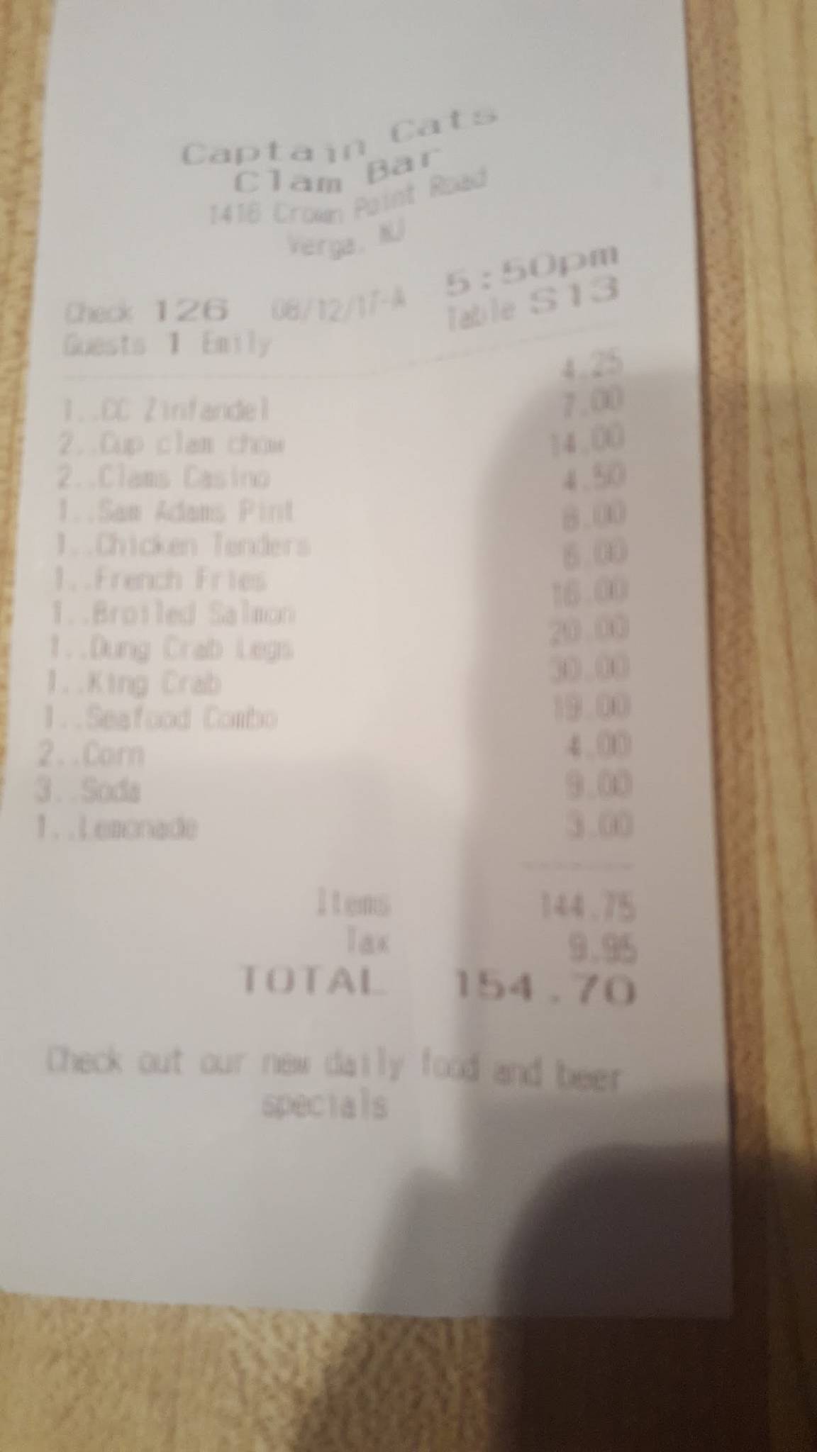 Menu at Cap'n Cats Clam Bar & Tavern, West Deptford