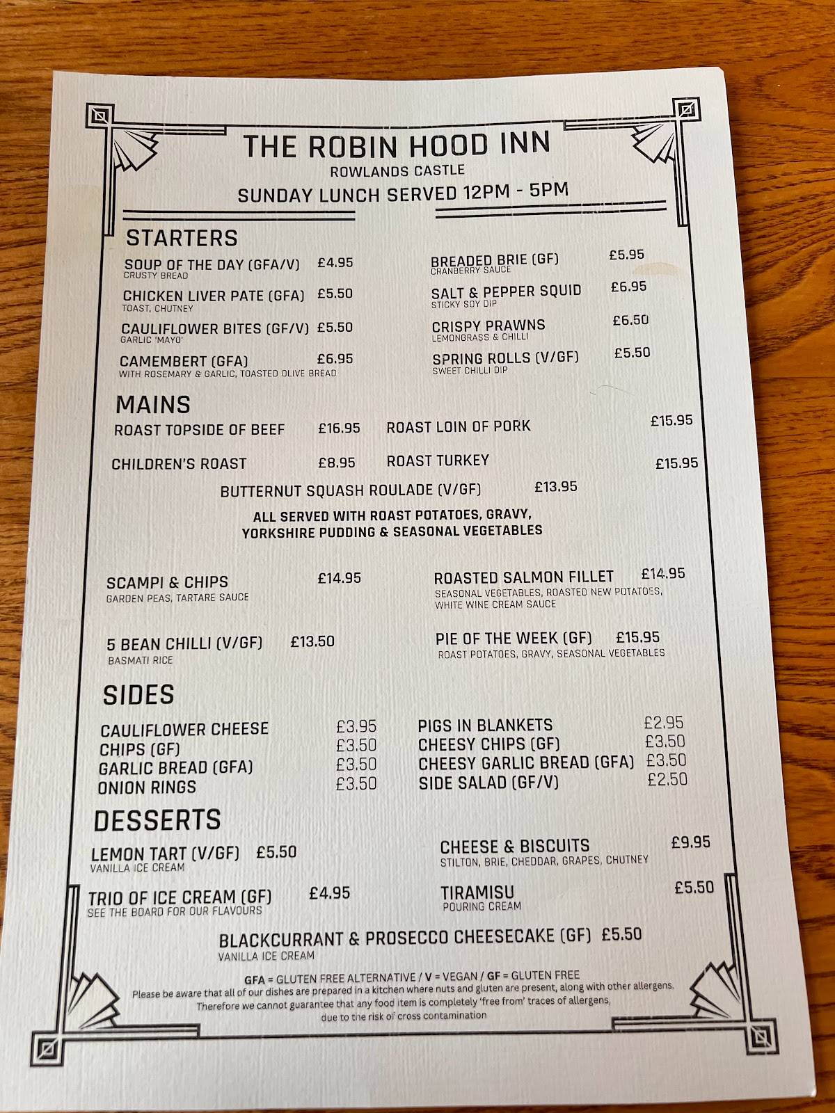 Menu at The Robin Hood pub & bar, Rowlands Castle