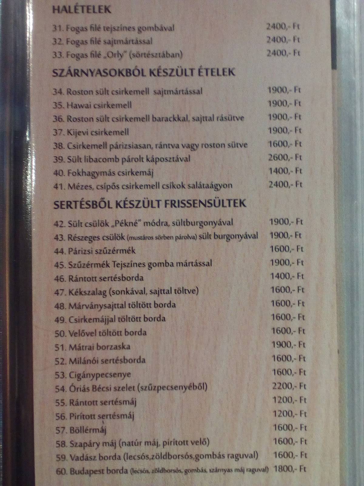 Menu at Fenyő Vendéglő restaurant, Budaörs