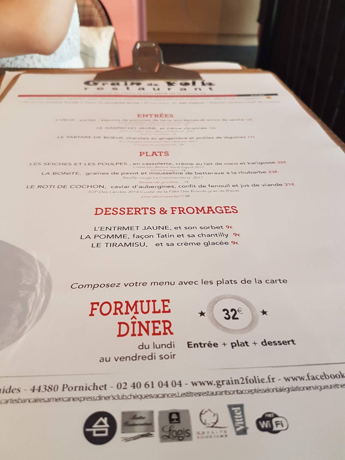 Menu au Restaurant Grain de folie, Pornichet