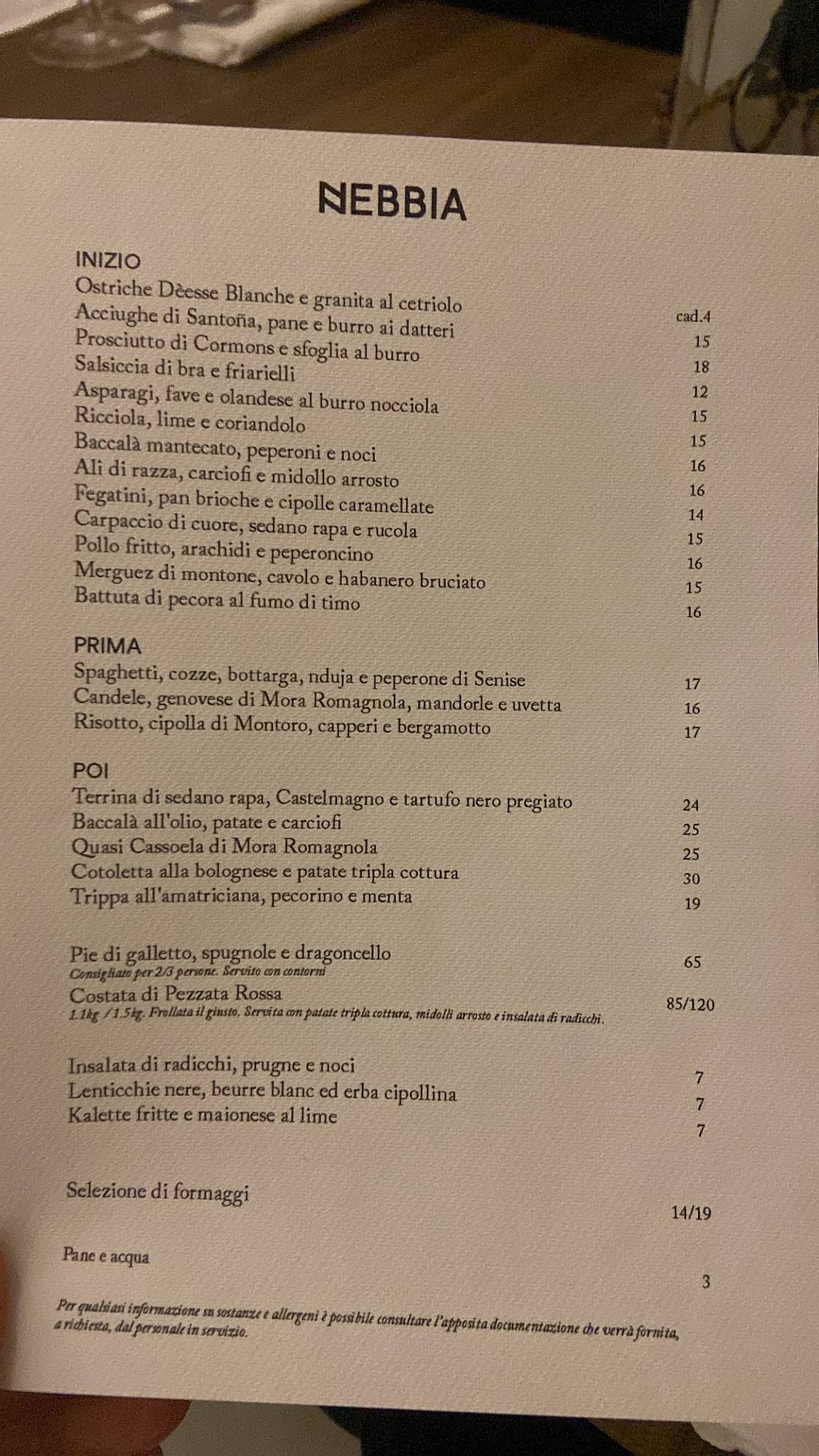 Menu at Nebbia restaurant, Milan
