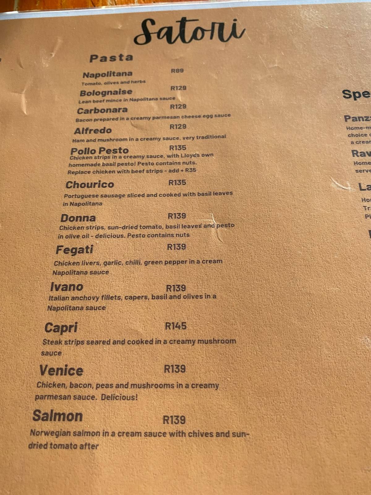 Menu at Satori Family Restaurant, Randburg, 61a 4th Ave