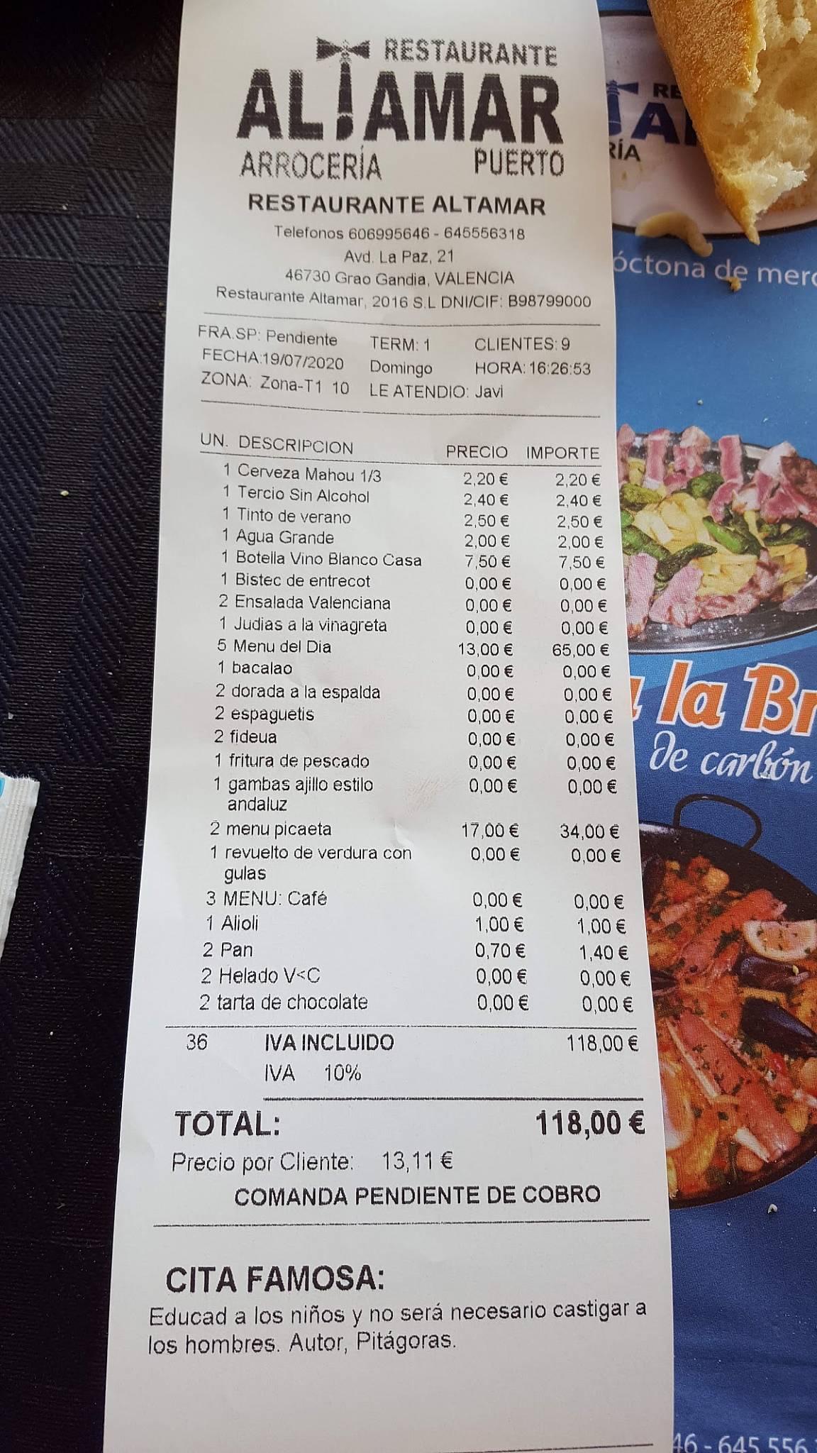 Carta de Cervecería Altamar Restaurante, Grau y Playa, Av. de la Pau