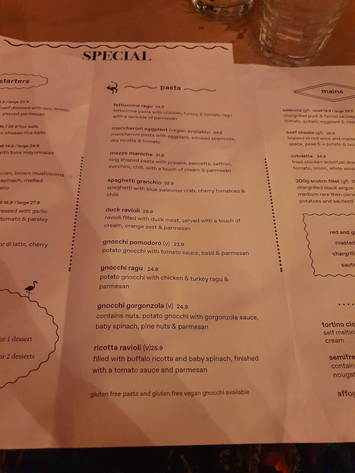 Menu at Ruby Red Flamingo restaurant, North Adelaide