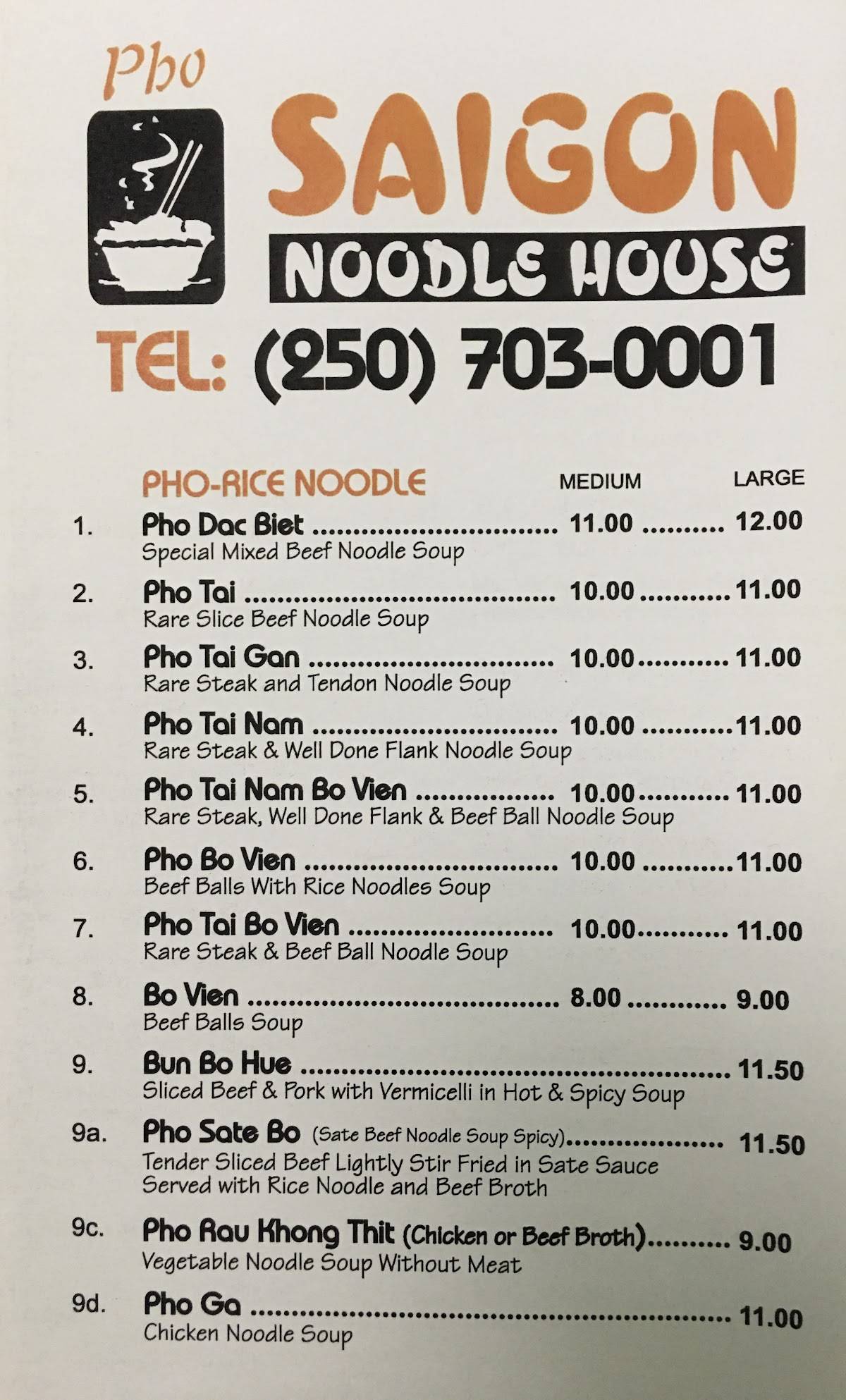 Menu at Saigon Noodle House restaurant, Courtenay