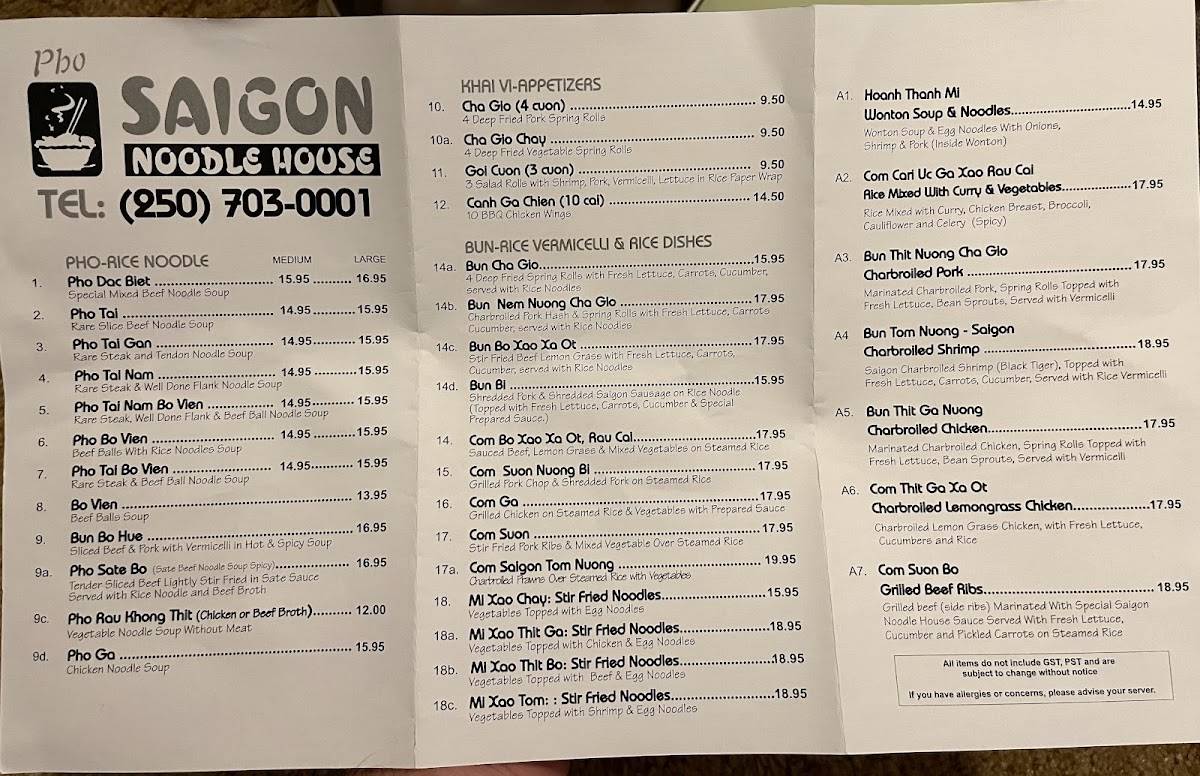 Menu at Saigon Noodle House restaurant, Courtenay