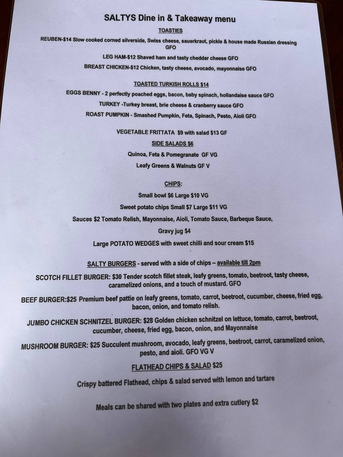 Menu at Salty at Toogoom restaurant, Toogoom