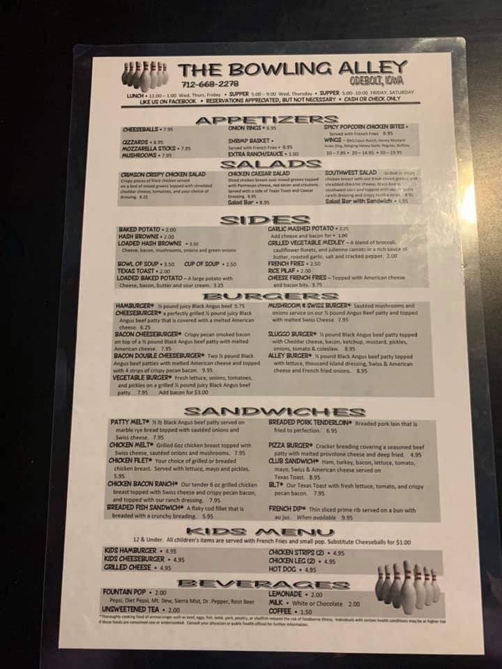 Menu at The Bowling Alley pizzeria, Odebolt