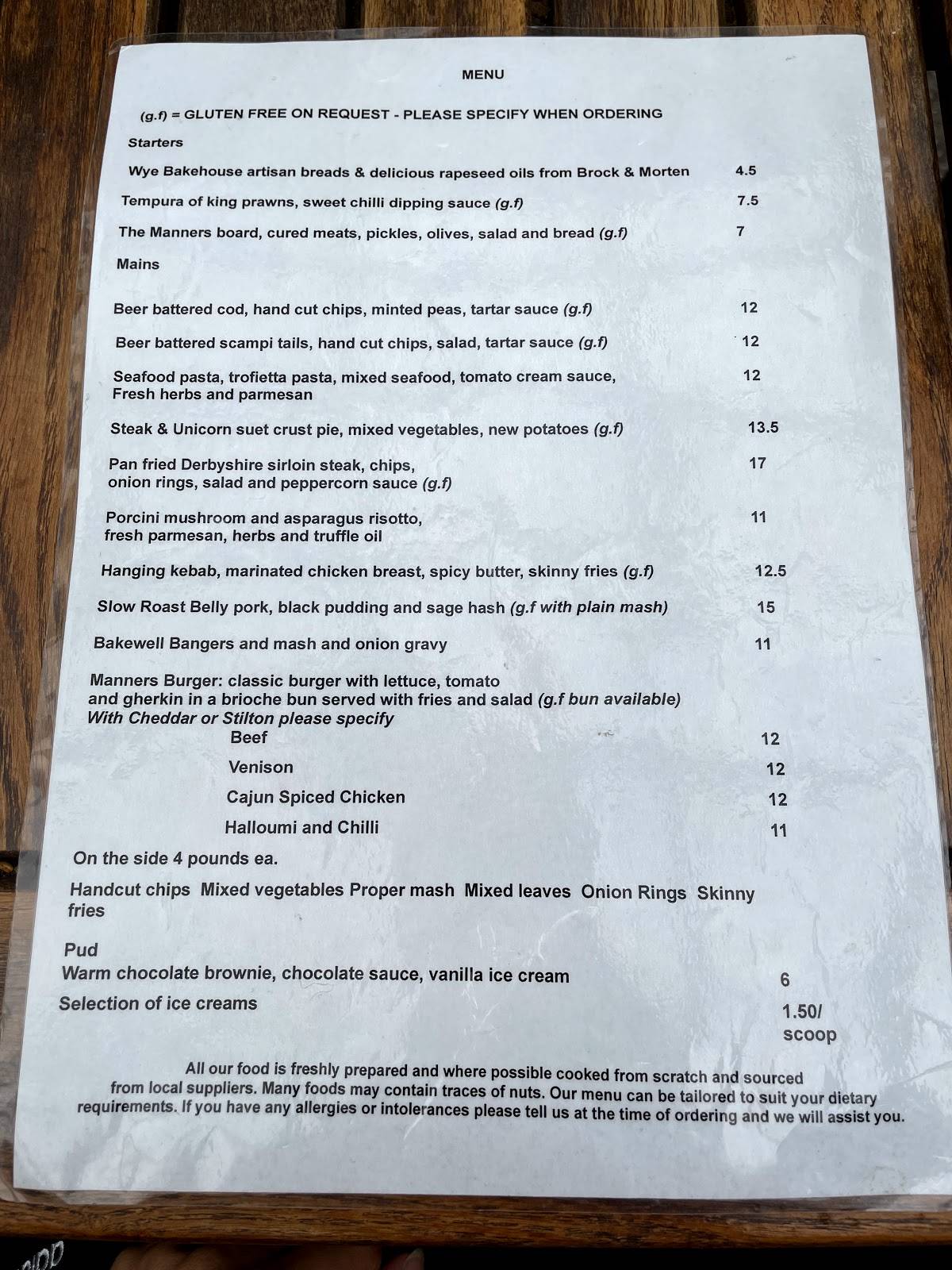 Menu at The Manners, Bakewell pub & bar, Bakewell