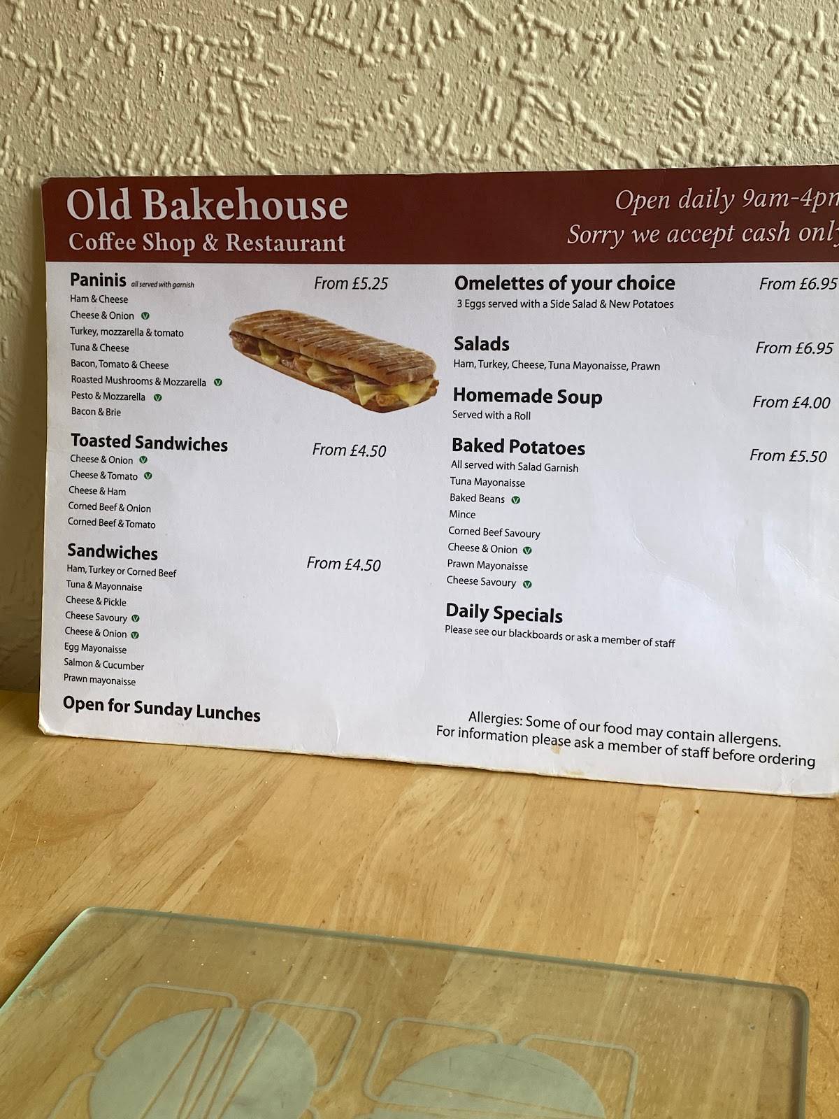 Menu at The Old Bakehouse cafe, Morpeth