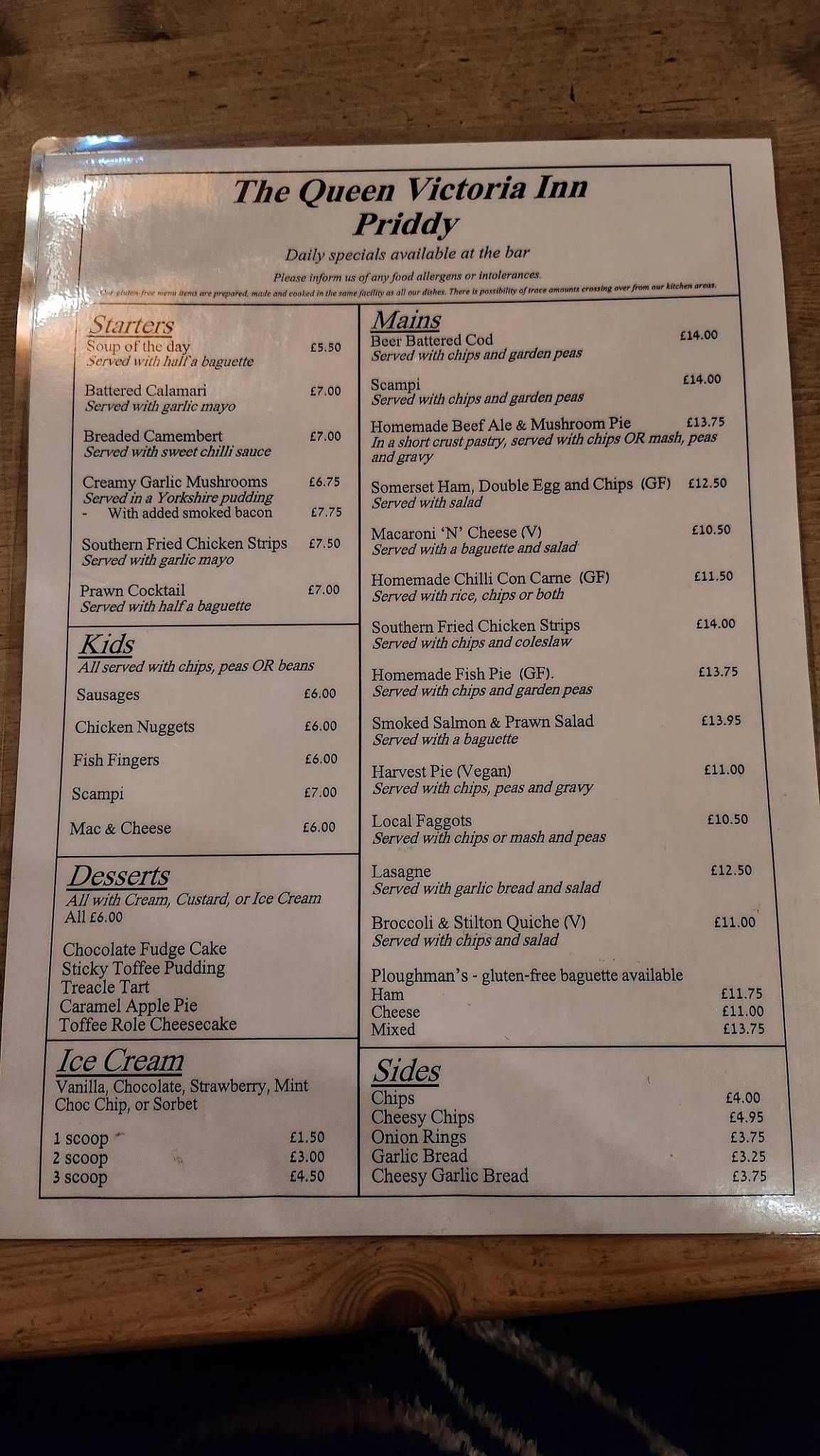 Menu at The Queen Victoria Inn pub & bar, Priddy