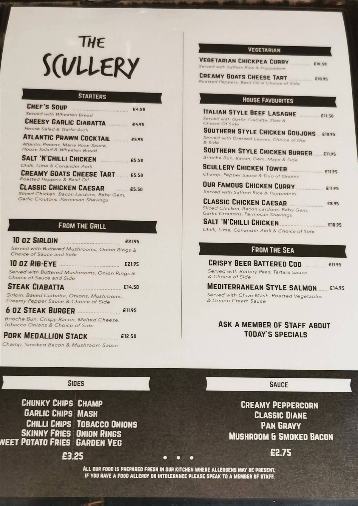 Menu at The Scullery restaurant, Richhill, 183 Portadown Rd