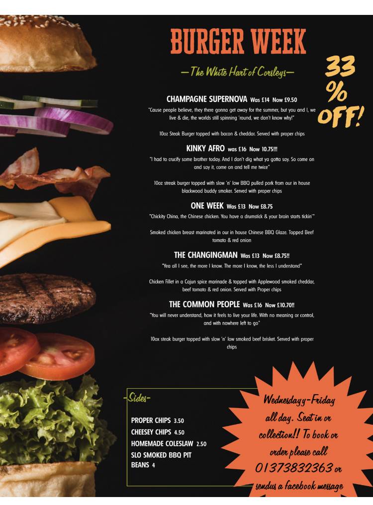 Menu at The White Hart Corsley pub & bar, Warminster, Lanes End Hill