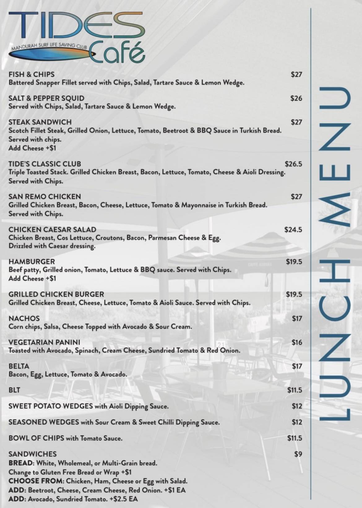 Menu at Tides Cafe, Mandurah