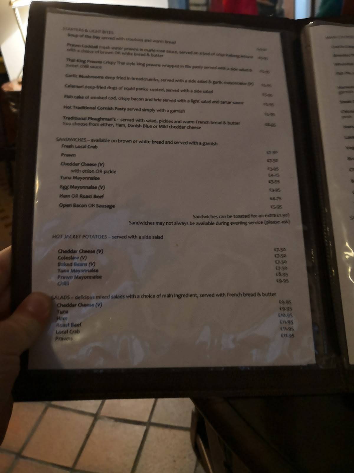 Menu at Ye Olde Salutation Inn pub & bar, Looe