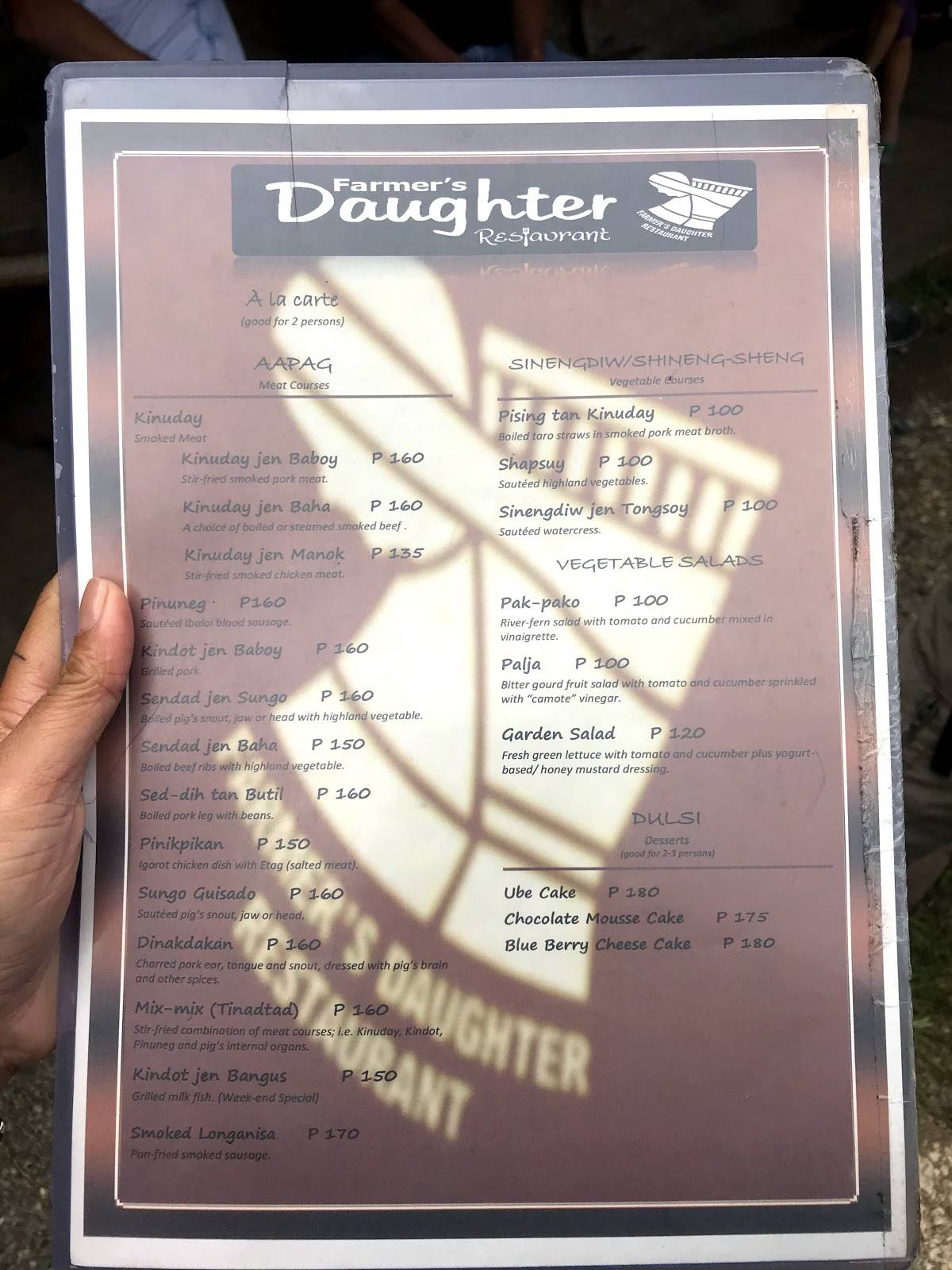 Menu at The Farmer's Daughter Restaurant, Baguio