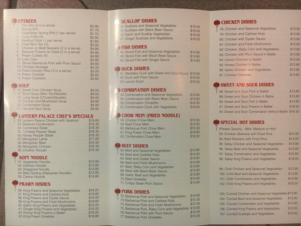 Menu at Lantern Palace restaurant, Bairnsdale