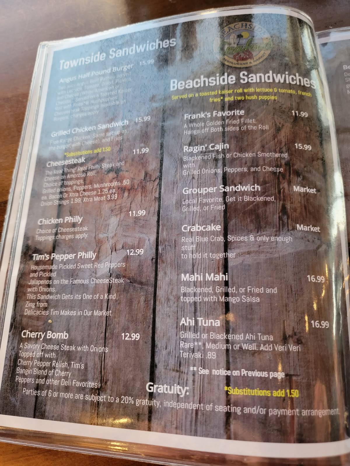 Menu at Beachside Seafood Restaurant & Market, Jacksonville Beach